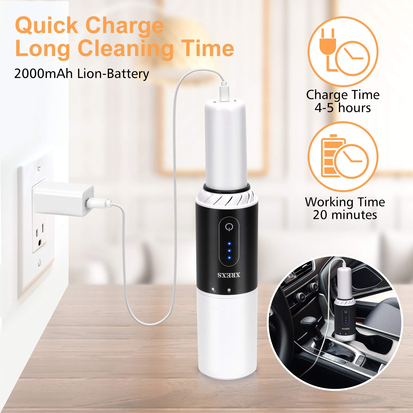 XREXS Handheld Vacuum Cordless, Portable Hand Held Car Vacuum Cleaner with High Power, Rechargeable Mini Vacuum for Home Pet Hair Cleaning