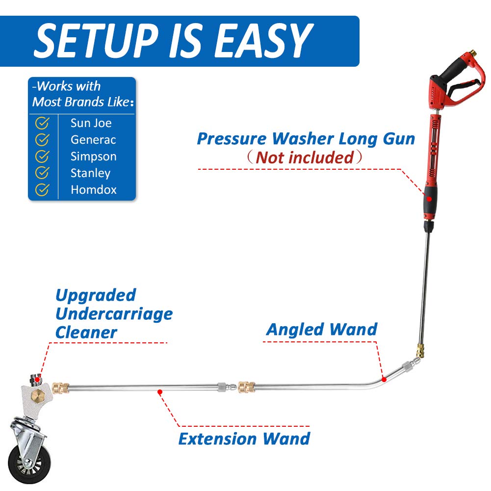Undercarriage Cleaner for Pressure Washer, Under Carriage Power Washer Attachment with 45 Degree Angled Wand, 4 High Sprayer, 1/4 Quick Connect and Swivel Caster Wheel (Silver)