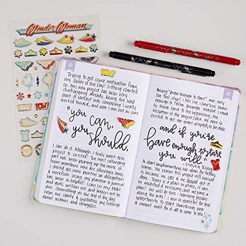 Wonder Woman x Erin Condren Designer Sticker Sheet - Classic Wonder Woman Epoxy High Gloss Stickers - 64 Stickers on Gold Foil Sheet for Customizing Planners, Notebooks, and More