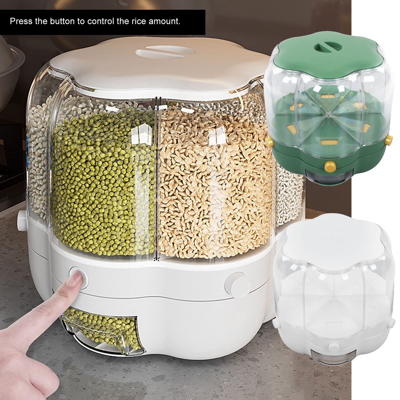 Zerodis Rice and Grain Storage Container, 360° Rotating Food Dispenser with Lid for Black Rice, Yellow Rice and Other Small Beans(White 9kg / 19.84lb)
