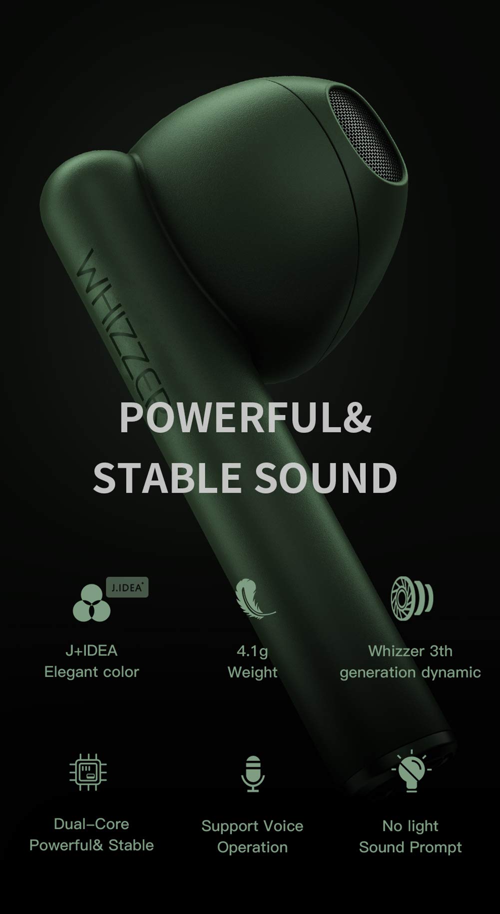 True Wireless Half-Inear Bluetooth Headphones, WHIZZER-B7 Bluetooth 5.0 TWS HiFi Stereo Dual-Core Earbuds with Wireless Charging Case, Lightweight IPX5 Waterproof Headsets w/Mic for Sports (Green)
