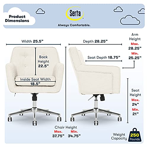 Serta Ashland Modern Office Chair, Stylish Mid-Back DeskChair, SertaQuality Foam, MemoryFoam Cushion, Comfy Armchair with Wheels, VanityChair, Metal Base, Chrome Finish, Ivory