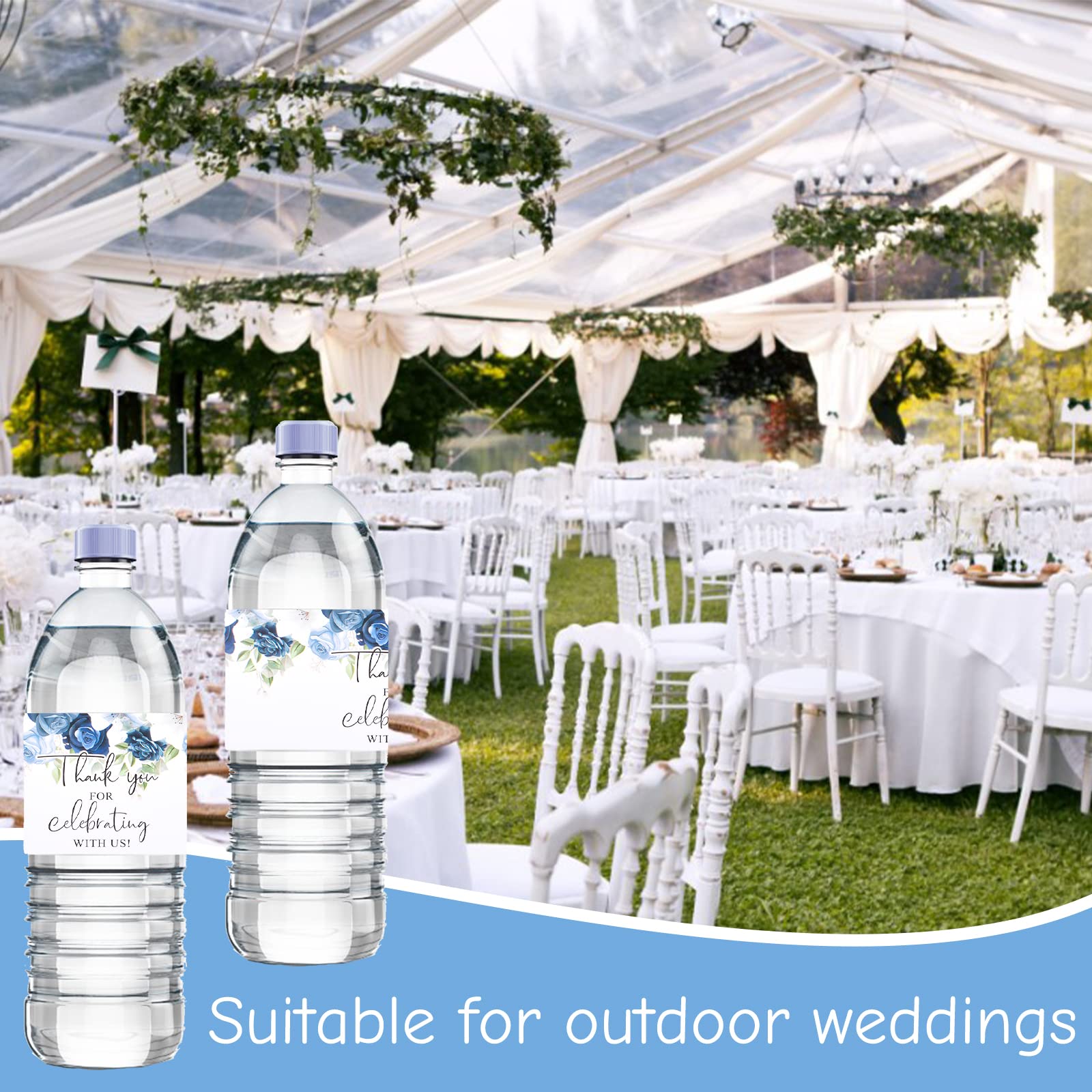 URROMA Wedding Water Bottle Labels, 50 Pcs Thank You White and Blue Rose Water Bottle Wraps Water Bottle Stickers for Birthday Baby Shower