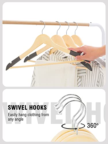 Solid Natural Wooden Coat Hangers, 20 Pack Heavy Duty Smooth Finish Suit Hangers with Non-Slip Pant Bar, Precisely Cut Notches & Chrome Swivel Hook for Closet, Wardrobe