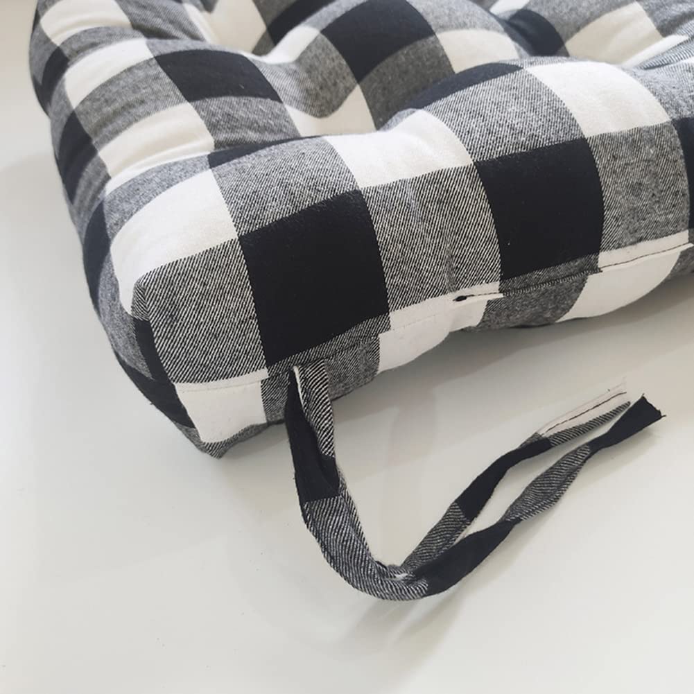 XSlive Buffalo Check Chair Pad with Ties,Soft Thicken Seat Cushion for Reading Office,Non Slip Square Chair Cushion for Dining Kitchen,Machine Washable (Black White,16"x16")