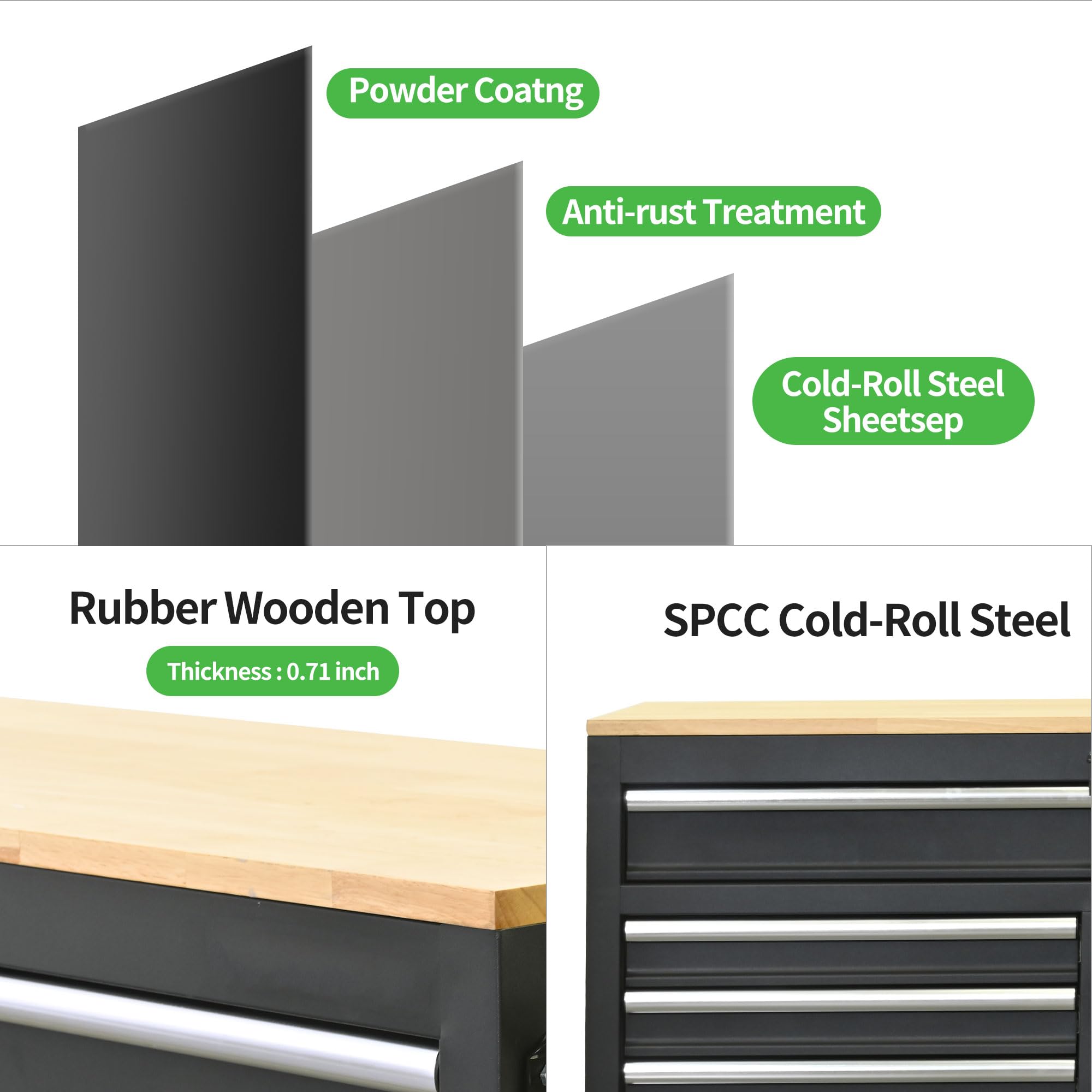 Rolling Tool Chest Cabinet Mobile Tool Storage Cabinet with Rubber Wood Top & 9 Drawers, Rolling Tool Box Heavy Duty Workstation Workbench for Garage, Workshop with Power Strip, 1500lbs Load Capacity