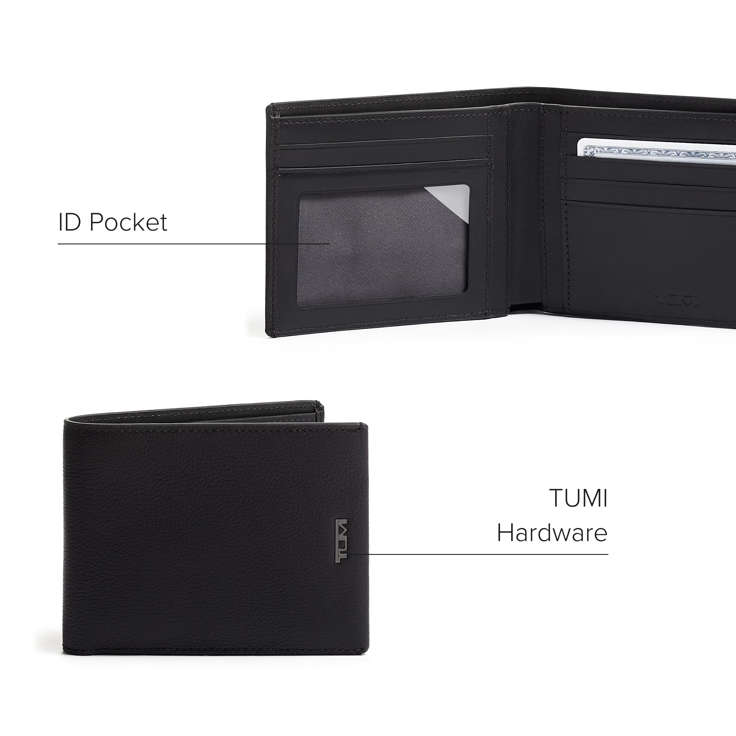 TUMI Nassau Double Billfold - Leather Billfold for Men & Women - Reliable Card Case - Men's Double Billfold Wallet with Multiple Card Slots, Bill Compartments, and an ID Window - Black Texture