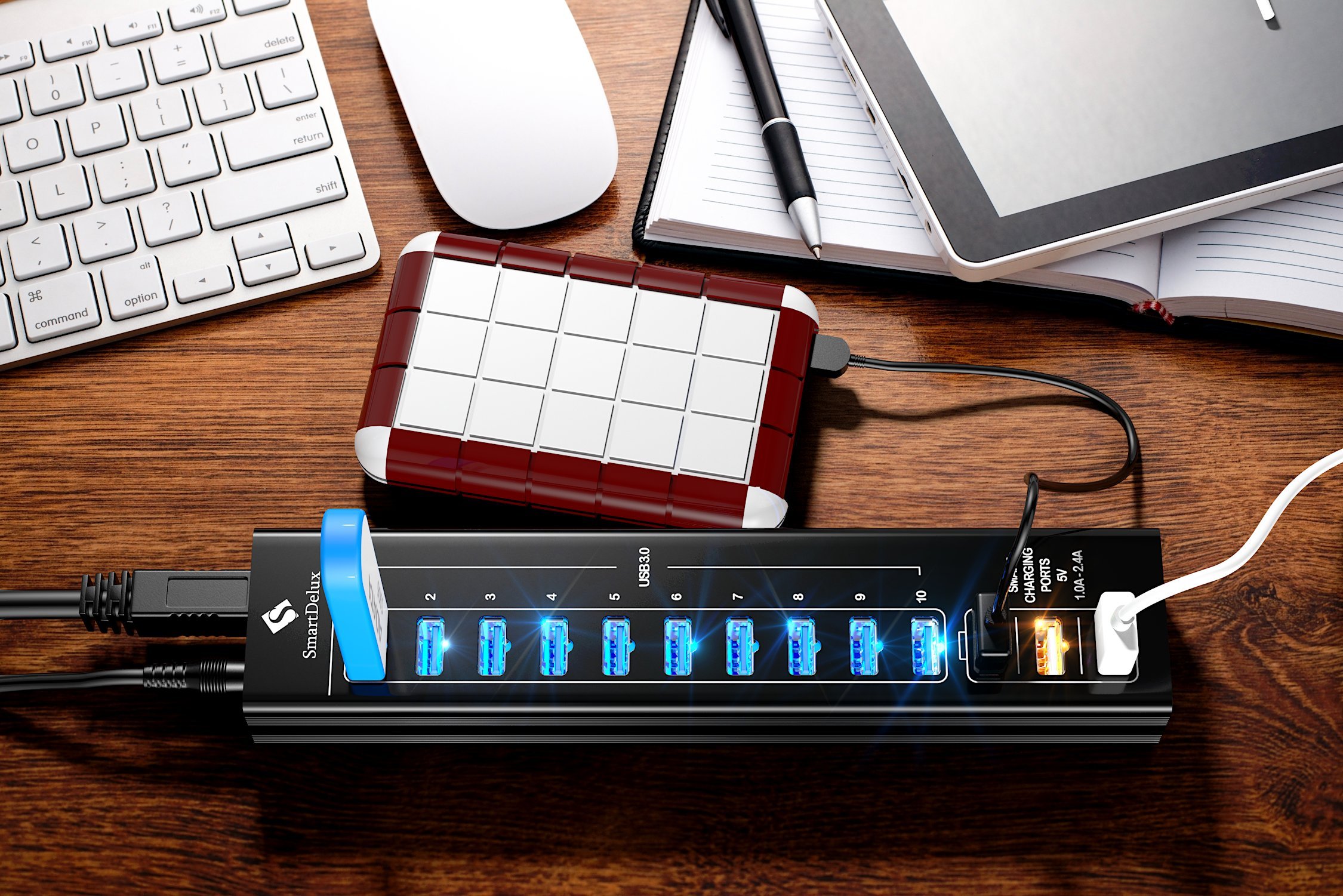 SmartDelux Powered USB Hub - USB 3.0 Ports Hub with 3 Smart Charging Ports, Power Adapter, Long Cord, LEDs (13-Port USB Hub)