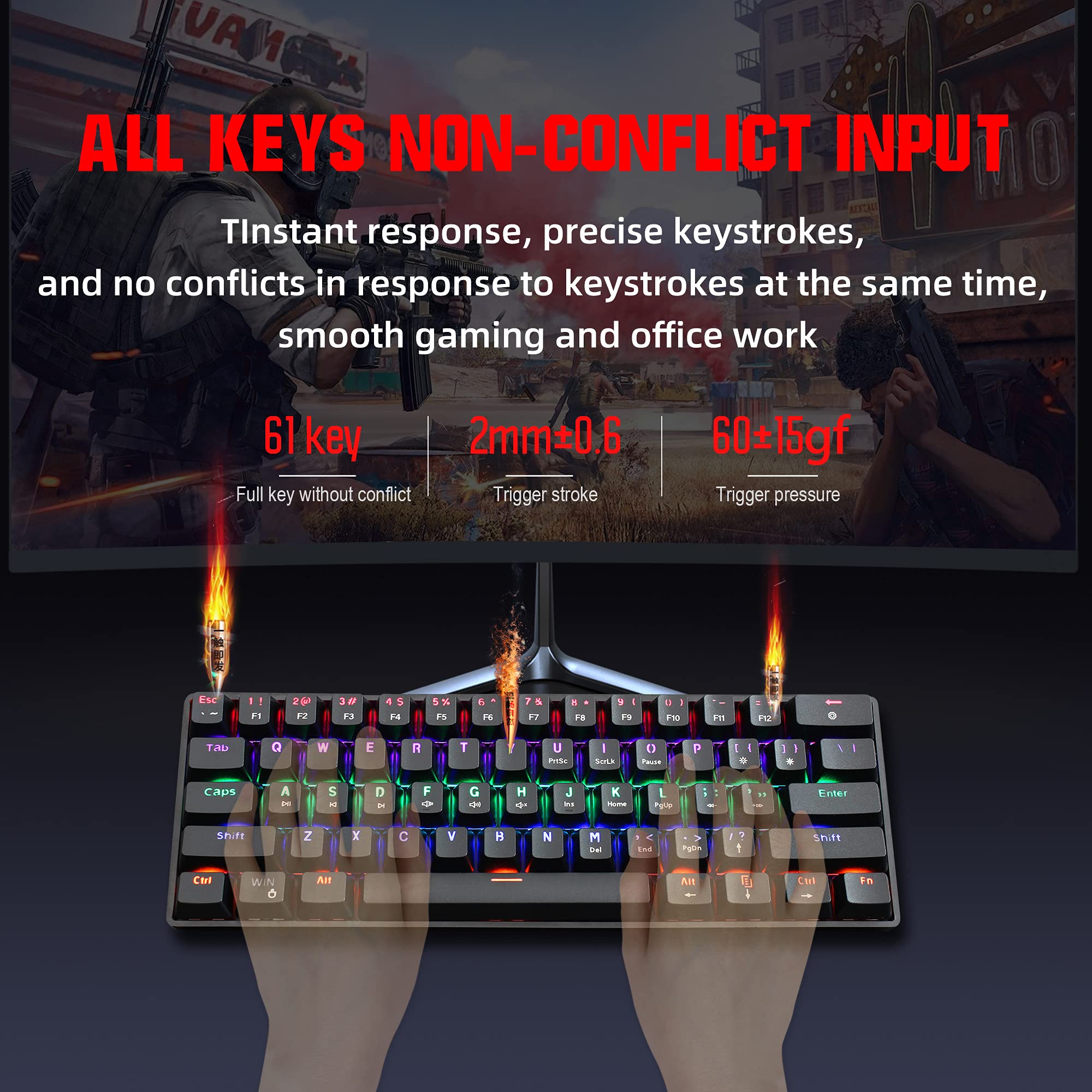 Wired 60% Mechanical Gaming Keyboard Mini Portable with Rainbow Backlit Full Anti-Ghosting 61 Key Ergonomic Double Foot Stand Type-C USB Waterproof for Typist Laptop PC Mac Gamer (Blue Switch),Black