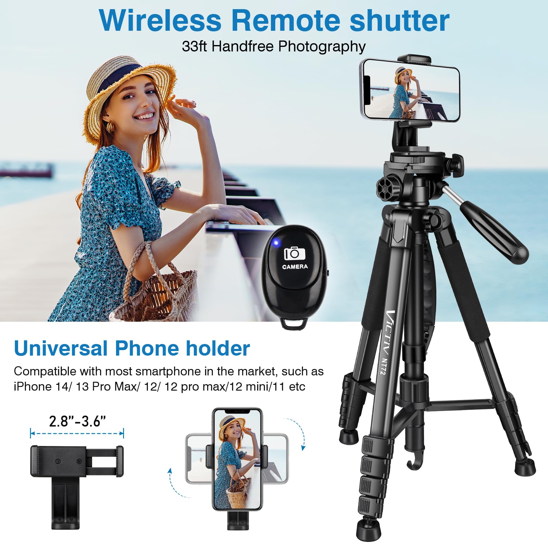Tripod for Camera, 75 inch Tall Camera Tripod with Remote, Professional Heavy Duty Tripod for DSLR, Spotting Scopes, Binocular, Cell Phone, Compact Camera Stand Tripod, Compatible with Canon Nikon