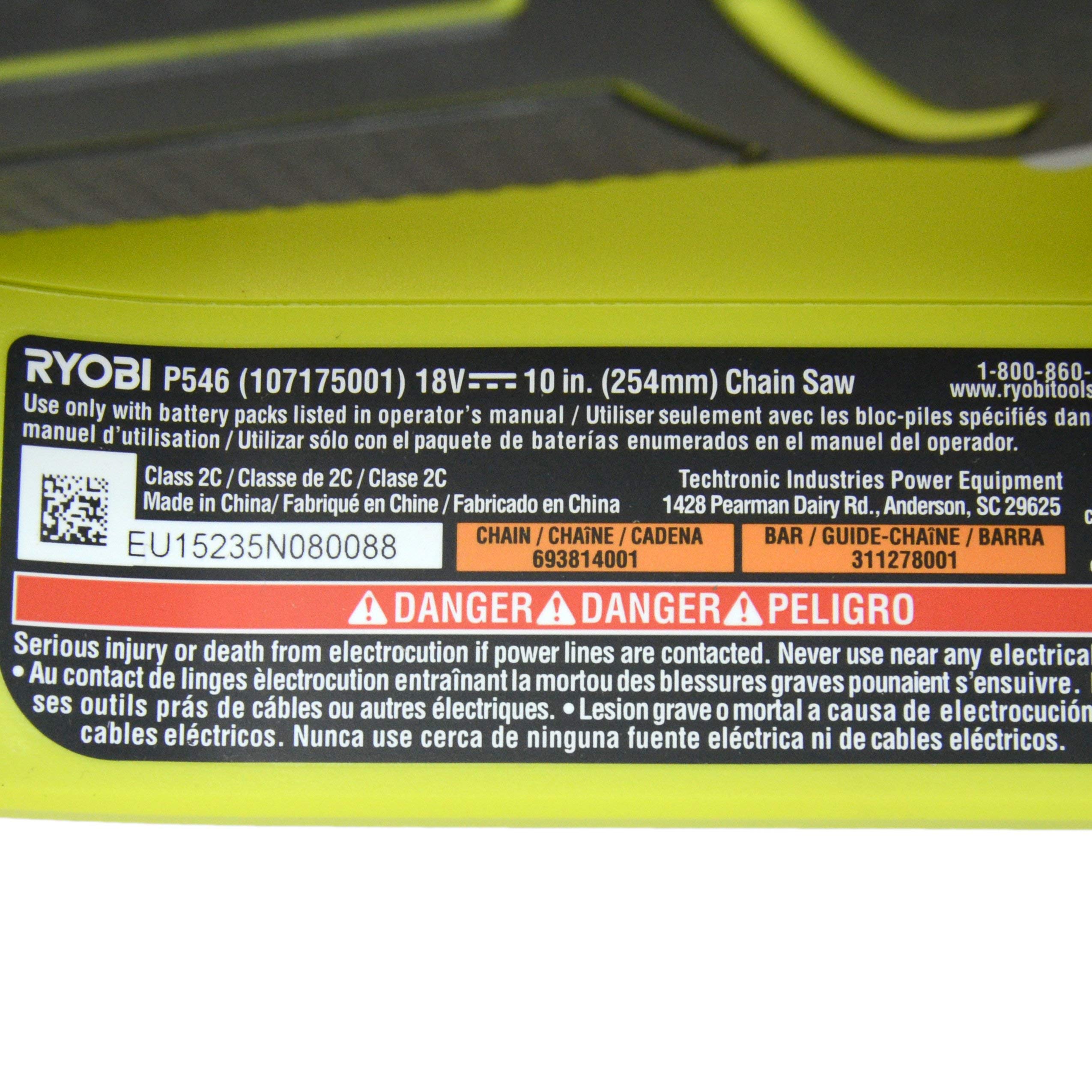 Ryobi P546 10 in. ONE+ 18-Volt Lithium+ Cordless Chainsaw (Tool Only - Battery and Charger NOT Included) (Renewed)
