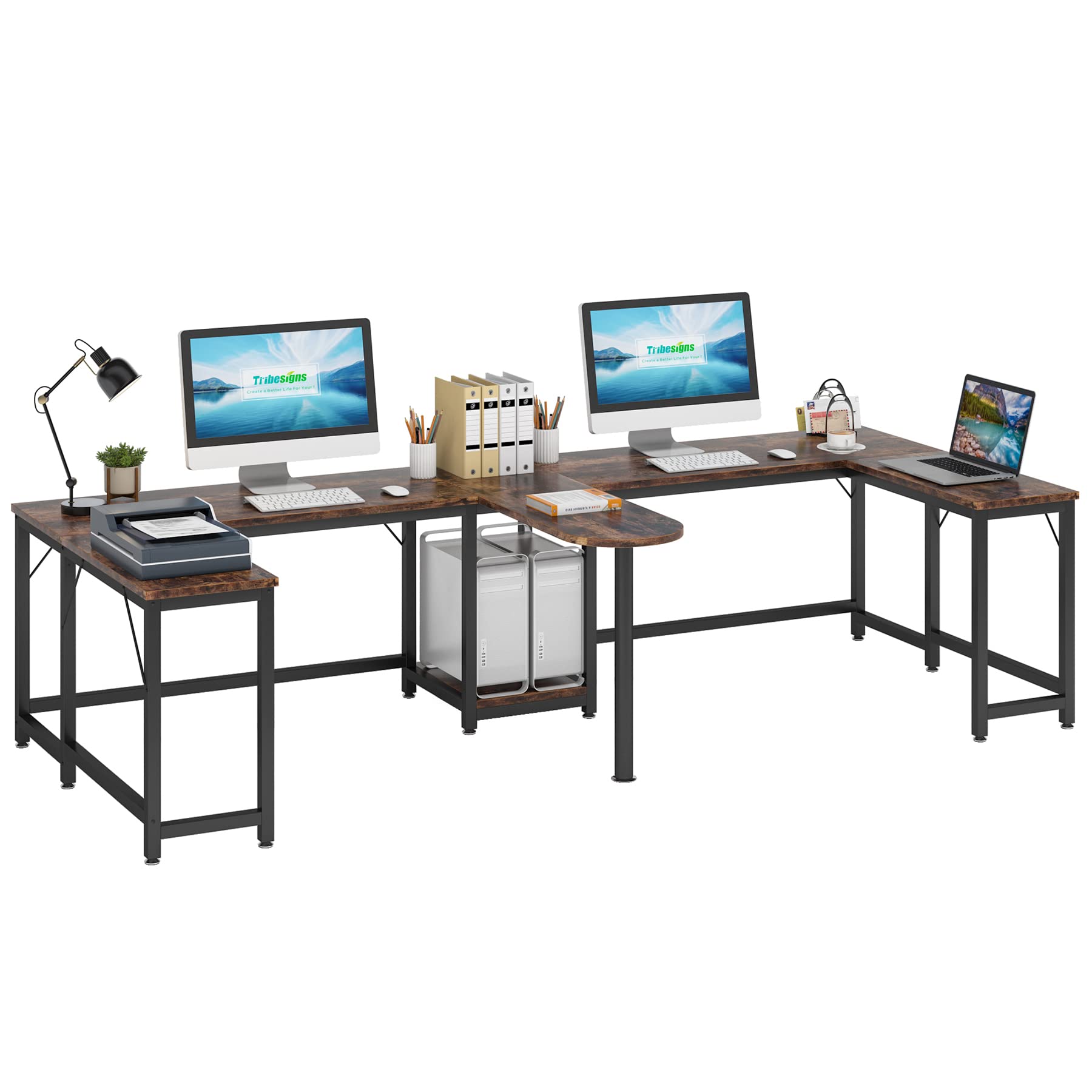 Tribesigns 126 inch Double Computer Desk, Extra Long Two Person Desk, U Shaped Large Office Desk Writing Table Computer Workstation with Printer Stand Shelf and Host Storage for Home Office