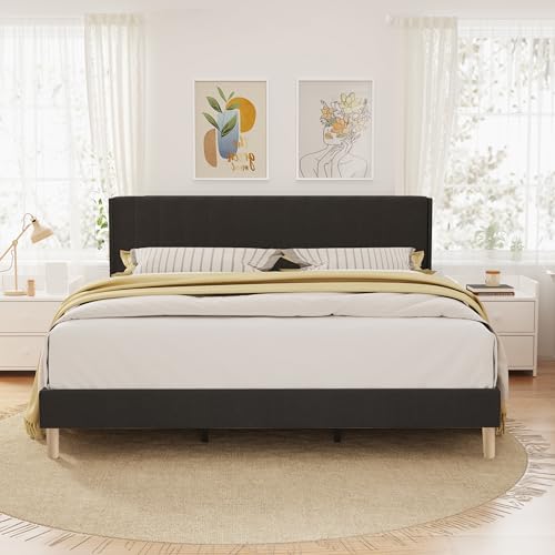RYR Modern Upholstered Platform Bed Frame King Size with Wingback Headboard,Heavy Duty Metal Mattress Foundation with Wood Slats No Box Spring Needed Easy Assembly, Black Linen