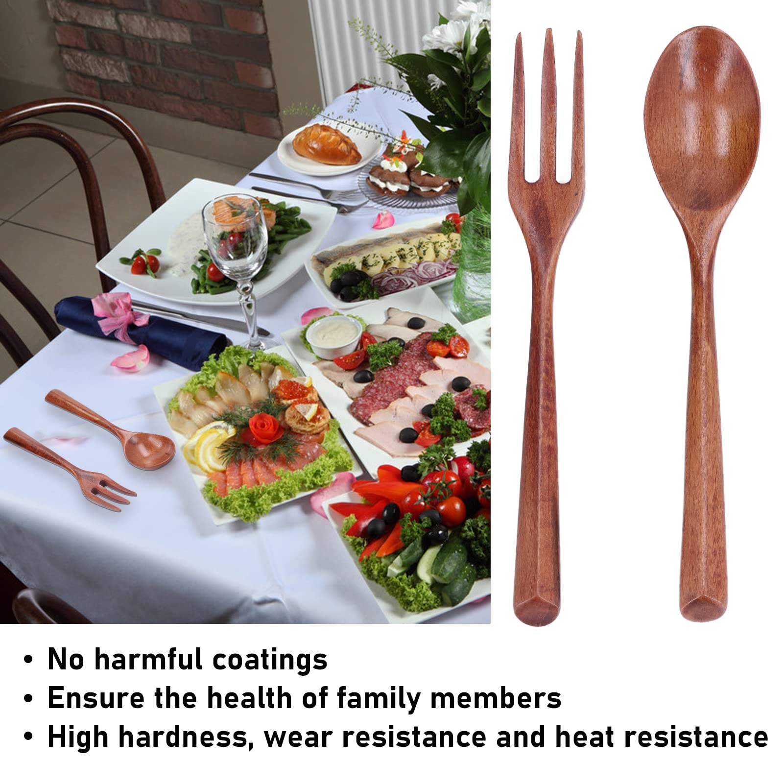 Wooden Fork Spoon Set Large Lacquered Wood Spoon Fork Tableware Dinnerware 2Pcs Triangular Handle Cooking Tableware