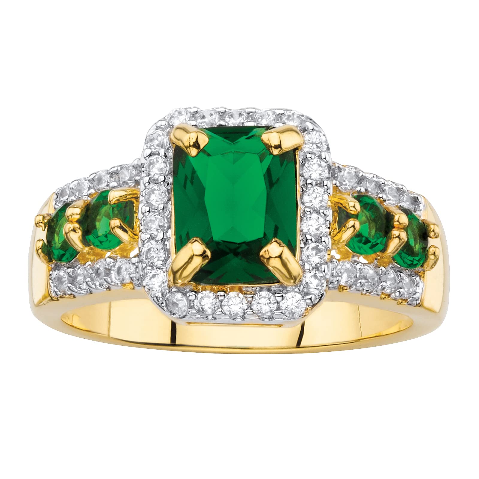 PalmBeach Jewelry Yellow Gold-Plated Emerald Cut Simulated Emerald or Red Ruby and Cubic Zirconia Halo Ring Size 8