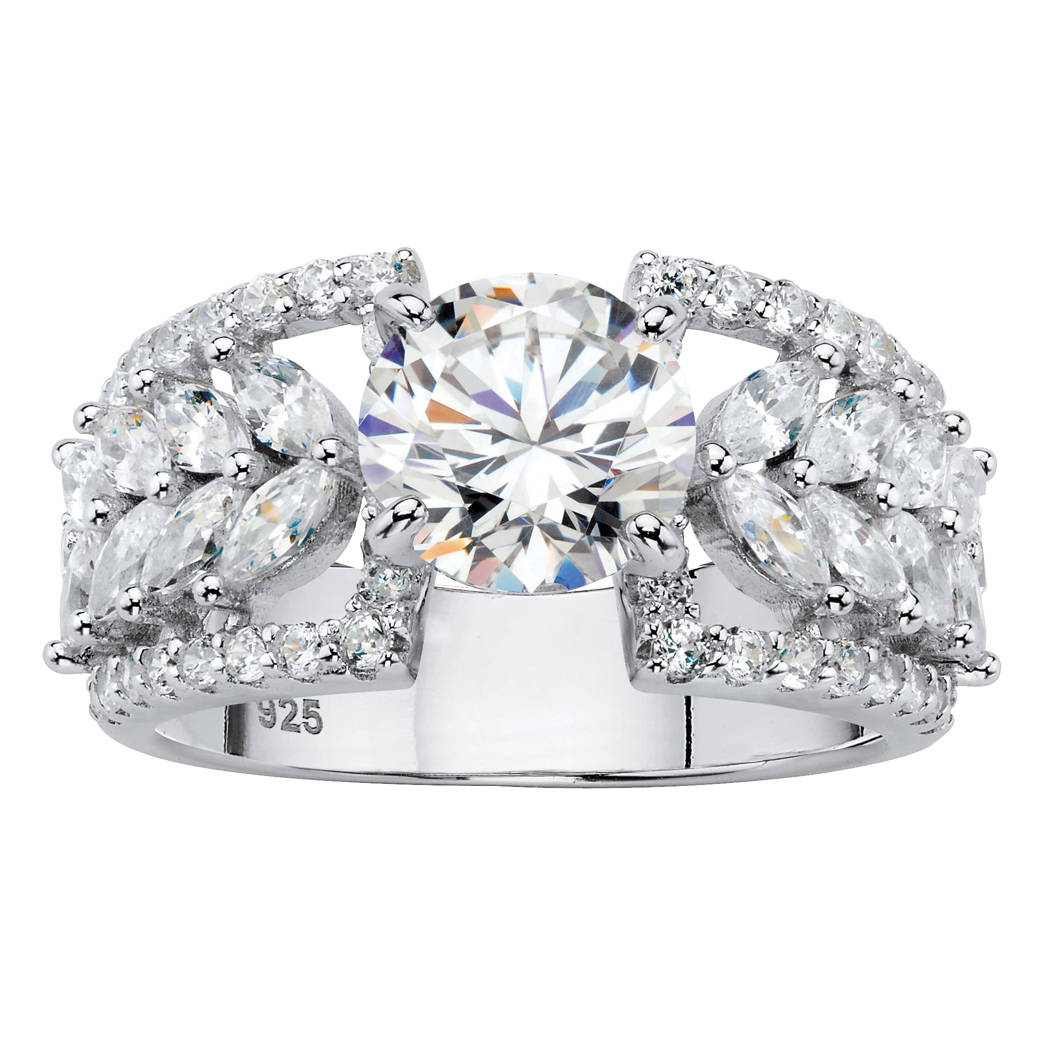 PalmBeach Jewelry Yellow Gold-Plated or Platinum-Plated Sterling Silver Round Cubic Zirconia Multi-Row Leaf Ring Size 7