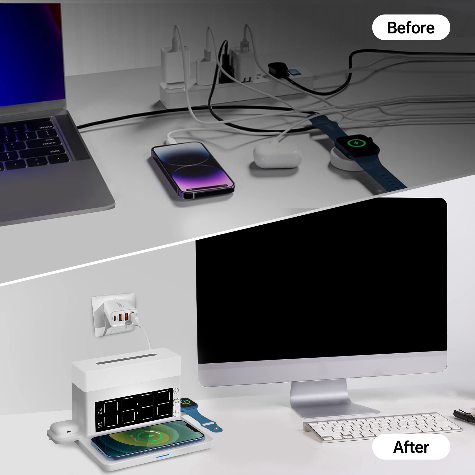 SMSASOEO Wireless Charger,6 in 1 Wireless Charging Station with Digital Alarm Clock & Night Light,15W Fast Charger Compatible with iPhone 14/13/12/11/XS Samsung Galaxy AirPods & Apple Watch