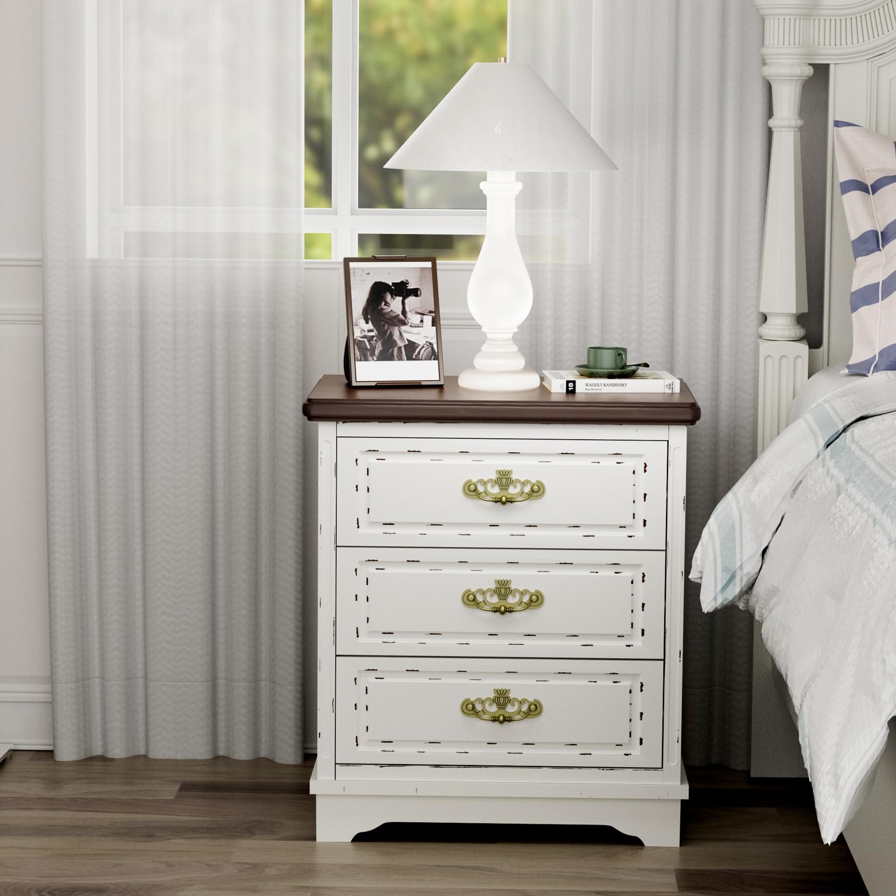 Set of 2 Antiqued Two-Tone 3 Drawer Nightstand, Side End Table Bedside Table with USB and Distressed Finish, 23.5 Inch Vintage Bedside Table for Bedrooms, Living Room