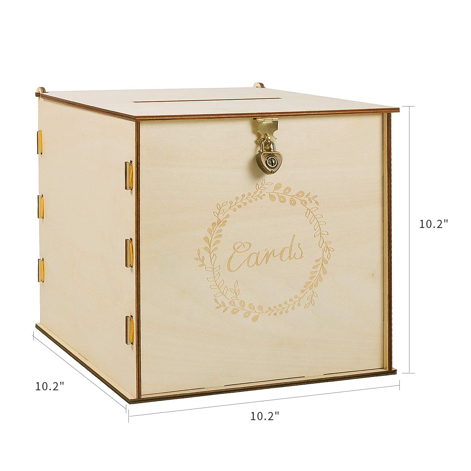 Wooden Wedding Card Box with Security Heart Lock,Rustic Wedding Envelope Box, Decorative Gift Card Box , Perfect for Weddings, Baby Showers, Birthdays, Graduations, 10.2" x 10.2" x 10.2" (Original)