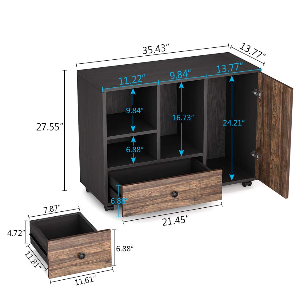 Tribesigns Lateral File Cabinet 2 Drawer,Wood Filing Cabinet with Wheels,Printer Stand with Storage Shelves for Home Office,Black & Brown