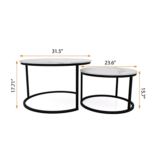 Smuxee White Nesting Coffee Table Set of 2, 31.5" Round Coffee Table Wooden Marble Pattern with Adjustable Non-Slip Feet, Industrial End Table for Living Room Bedroom Balcony