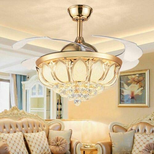 US DELIVER Dimmable 42 inch Invisible Ceiling Fans with Lights and Remote Retractable Blades Crystal Chandelier Fan-Chrome (Golden)