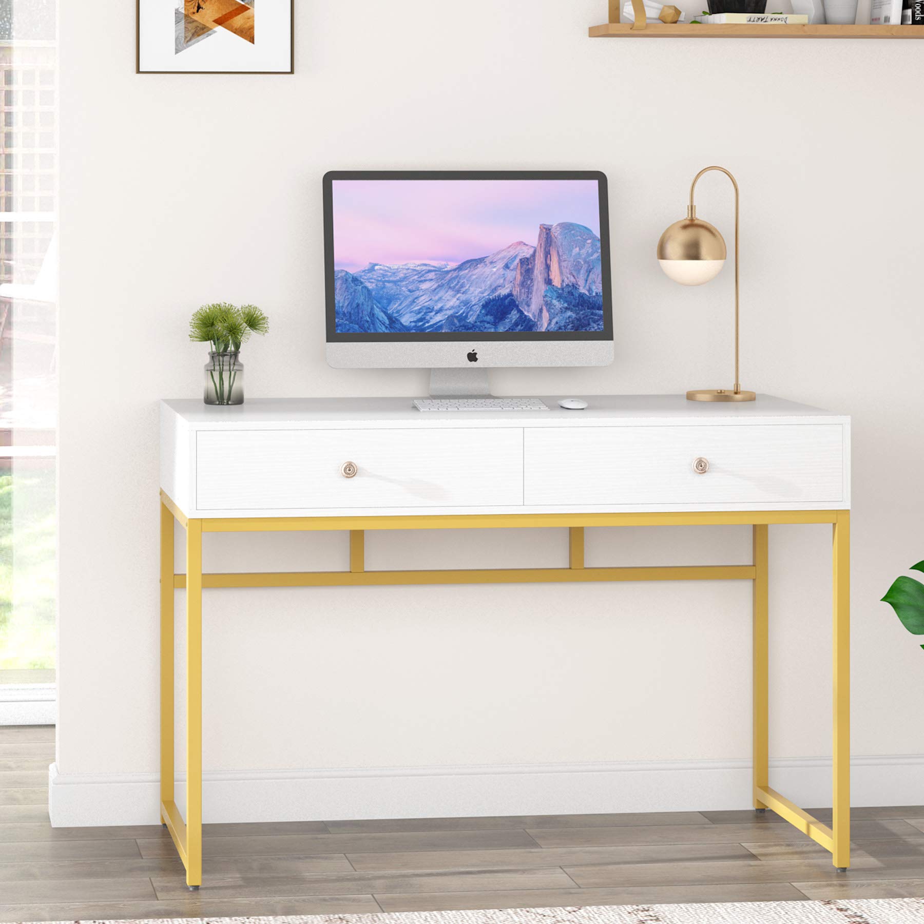 TRIBESIGNS WAY TO ORIGIN 47" Computer Desk with 2 Drawers, Modern Simple Laptop Desk Writing Desk, Multifunctional White Desk Makeup Vanity Table for Home Office (White/Gold)