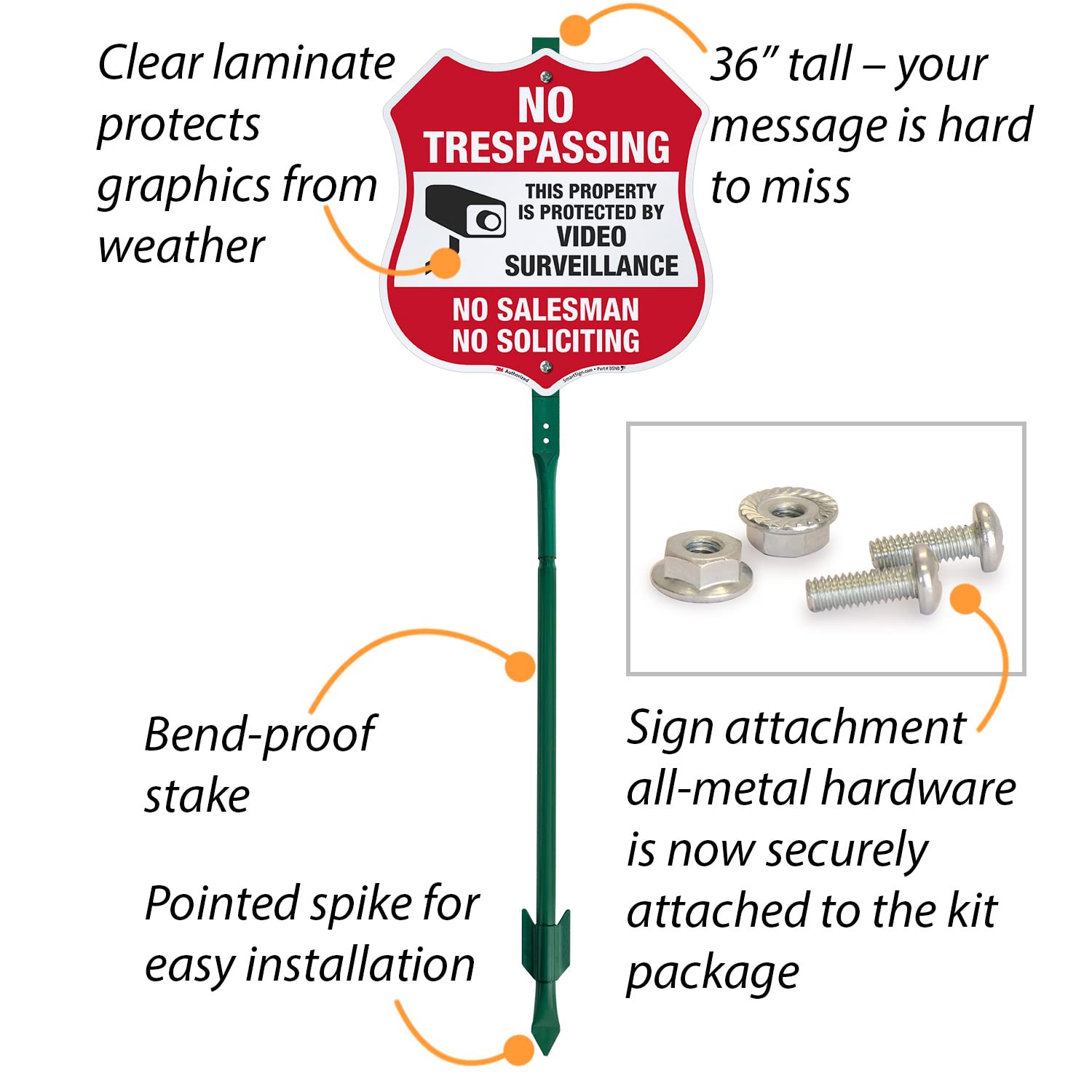SmartSign 12 x 11.5 inch “No Trespassing - Property Protected By Video Surveillance, No Soliciting” Yard Sign with 3 foot Stake, 40 mil Laminated Rustproof Aluminum, Red, Black and White, Set of 1
