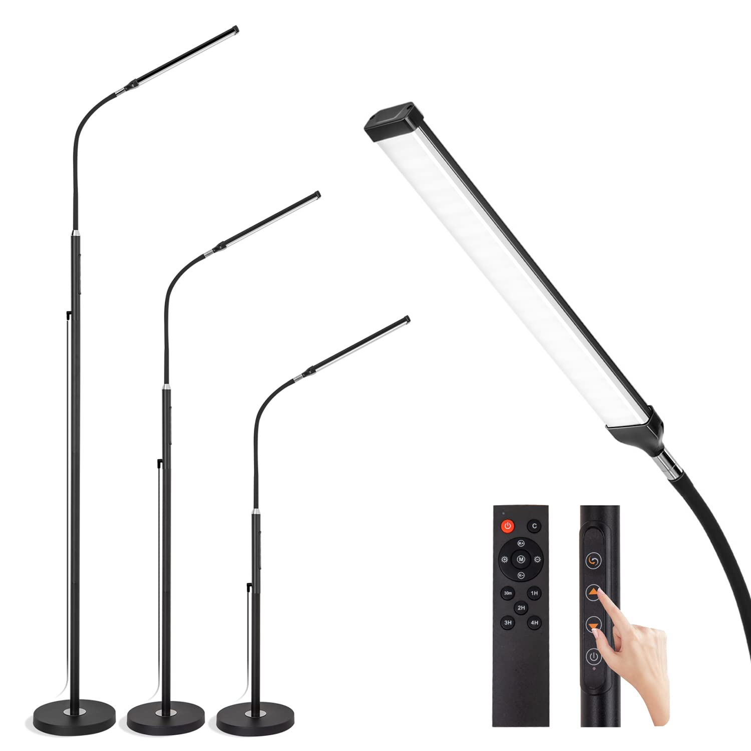 XXEAN LED Floor Lamp with Remote Touch Control,Dimmable 15W Pole Lamps for Living Room,70'' Adjustable Height Standing Reading Light with 10 Brightness/5 Timer/3 Colors for Lash Tatto Esthetician
