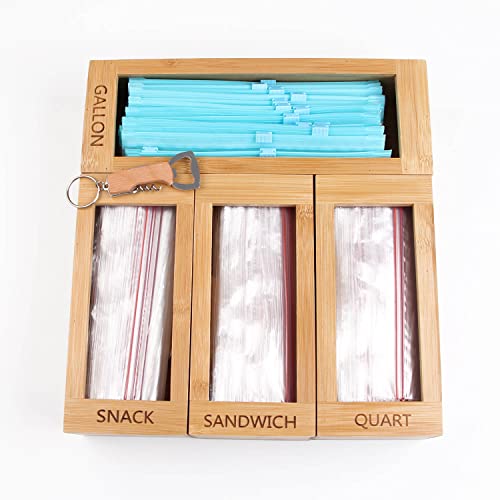 Ziplock Bag Storage Organizer for Kitchen Drawer, Bamboo Organizer, Compatible with Gallon, Quart, Sandwich and Snack Variety Size, 1 Box 4 Slots (Rectangle Design & Bottle Opener)