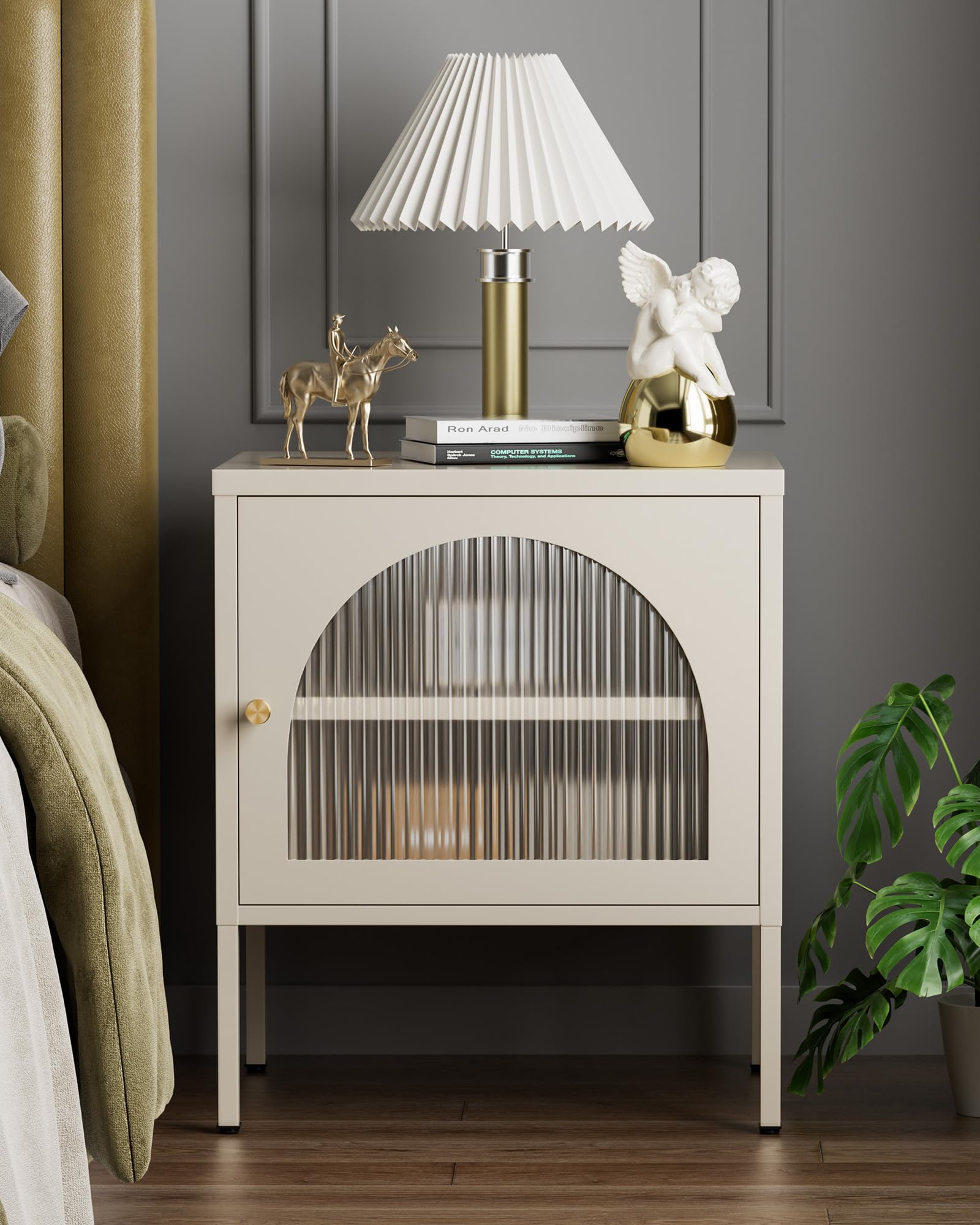SICOTAS White Night Stand Bedside Table - Modern Nightstand with Cold-Rolled Steel Metal, Corrugated Tempered Glass Door, Storage Shelf, End Tables Side Tables with Storage Shelf for Bedroom