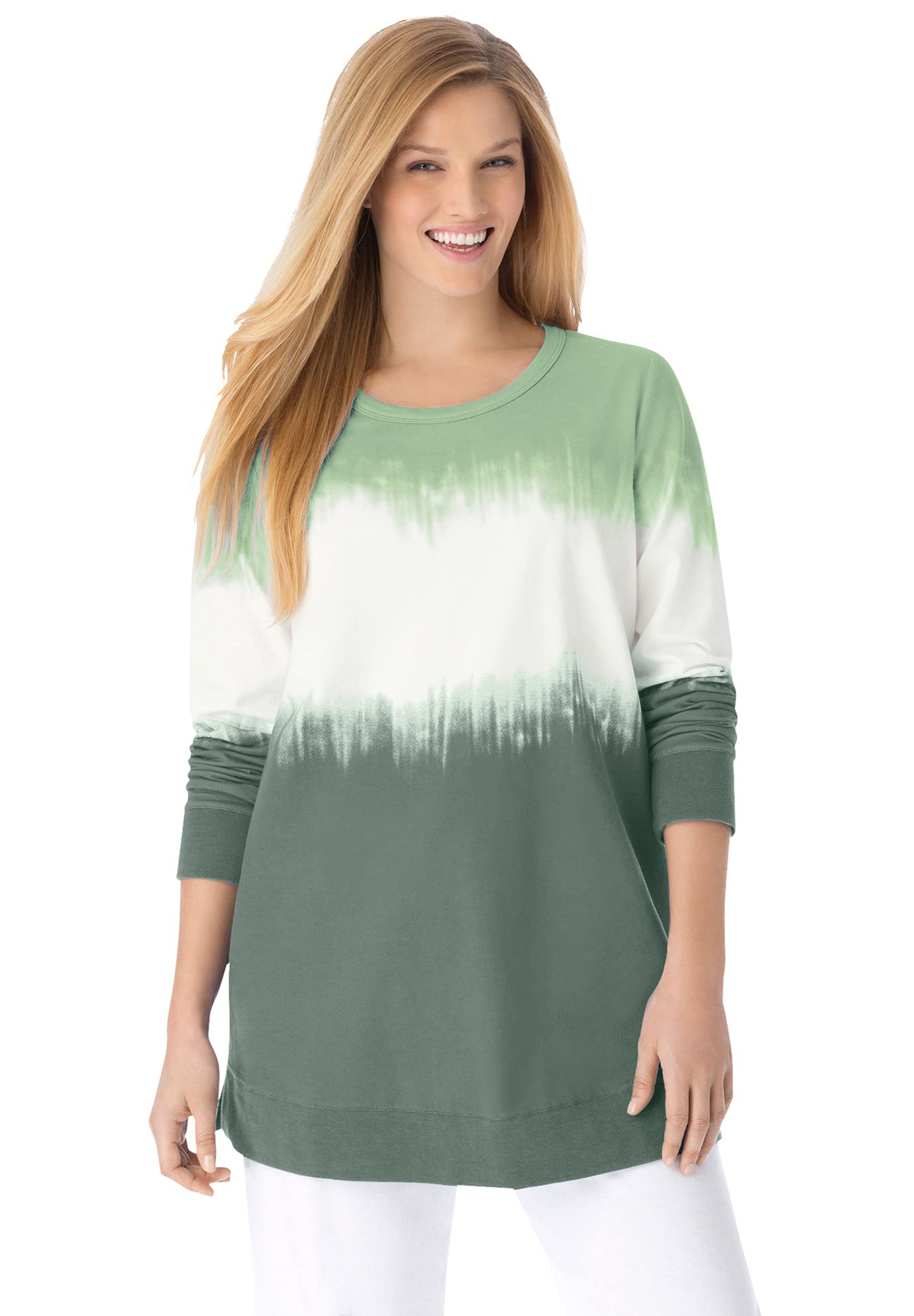 Woman Within Women's Plus Size Tie-Dyed Knit Sweatshirt Tunic - 34/36, Classic Pine Ikat Tie Dye Green