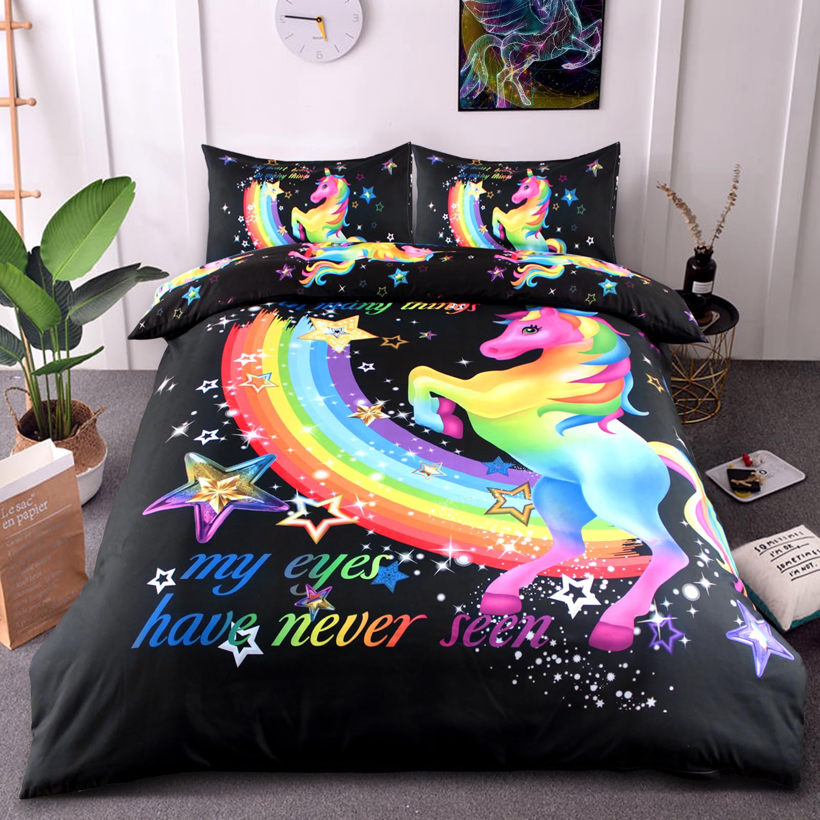 SFJ-CA Unicorn Rainbow Duevt Cover Twin for Girls, Reversibel Double Side Printed, Super Soft Bedding Comforter Cover with 2 Pillowcases, Kids Lovely Starry Unicorn Pattern