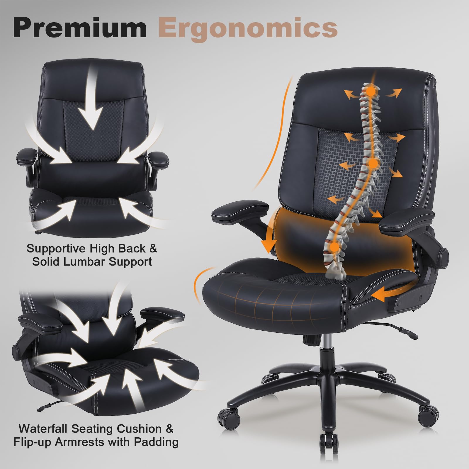 Youhauchair Big and Tall Office Chair, 500LBS Executive Desk Chair with Lumbar Support, PU Leather Ergonomic Computer Chair with Flip-up Armrests, High Back Work Chair, Black