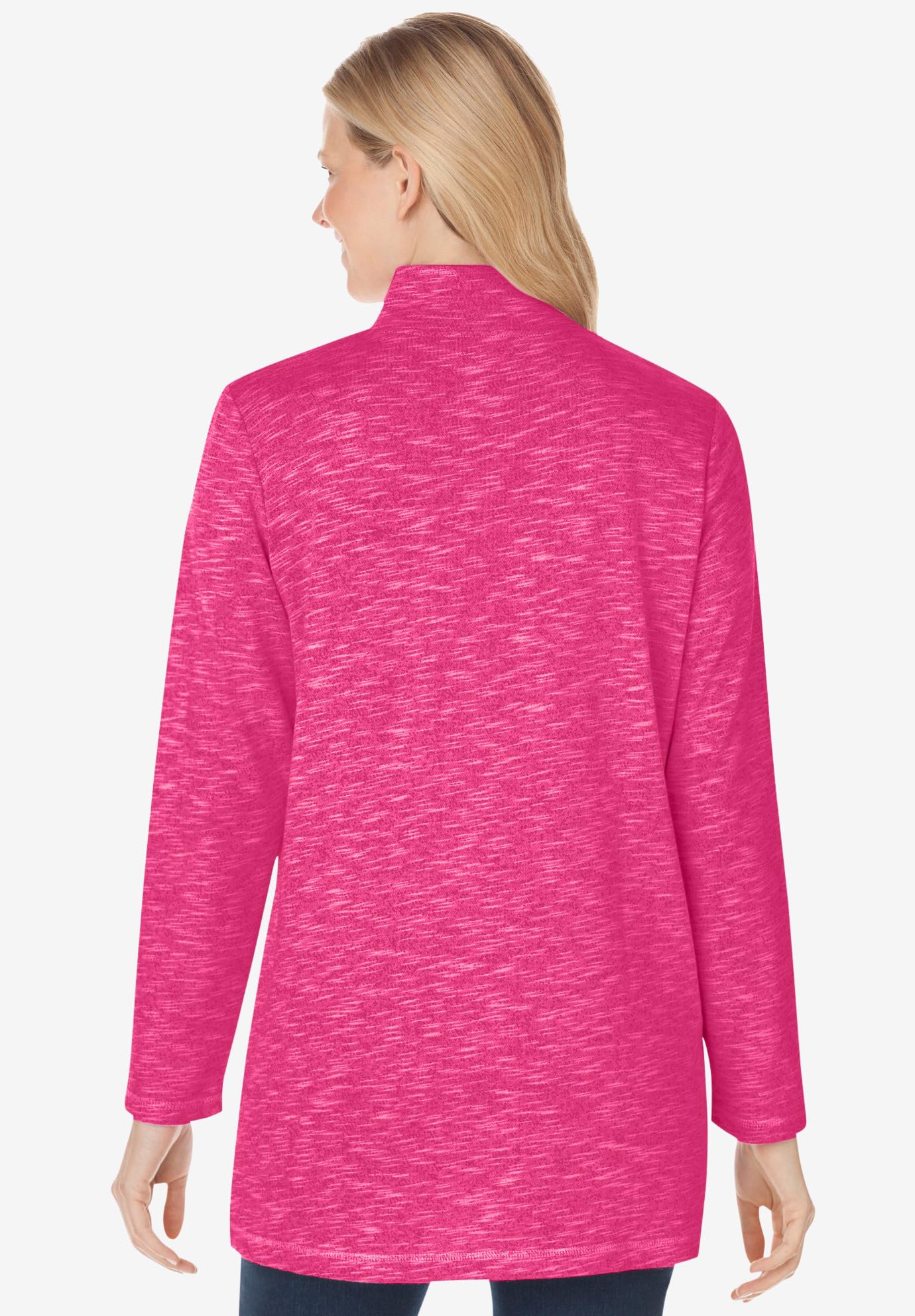 Woman Within Women's Plus Size French Terry Quarter-Zip Sweatshirt - 14/16, Raspberry Sorbet Marled