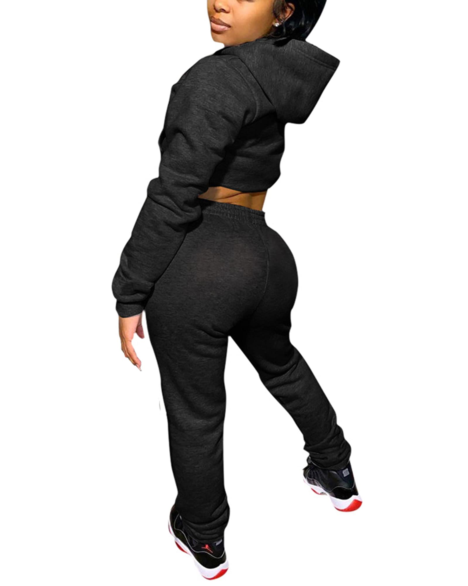 Women 2 Piece Outfits Sets, Long Sleeve Hoodie Crop Top Jogger Pants Sweatsuits Sport Set Black L