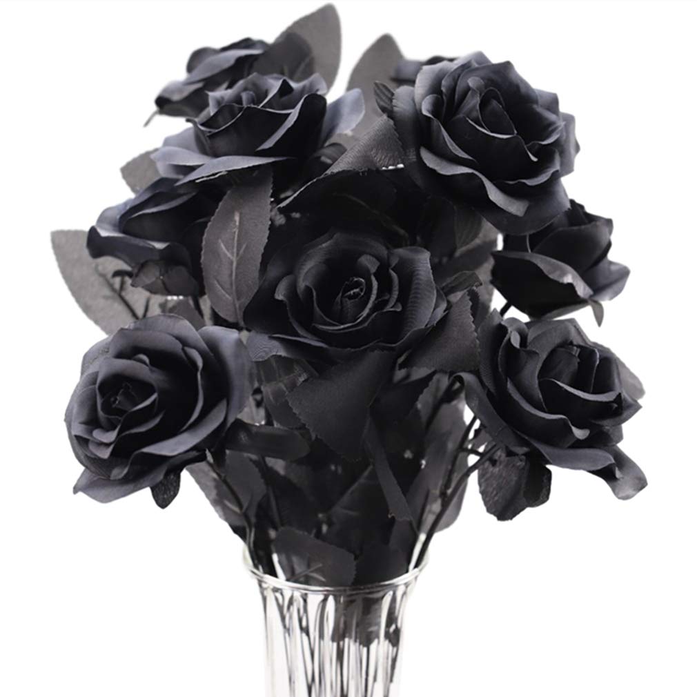 TUZAZO 10pcs Black Roses Artificial Flowers with Stems, Faux Silk Flowers Bridal Gothic Wedding Bouquet, Realistic Blossom Flora for Home, Office, Hotel Decorations