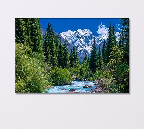 Spruce Forest near a Stormy River and Snowy Mountains Kyrgyzstan Canvas Print 3 Panels / 36x24 inches