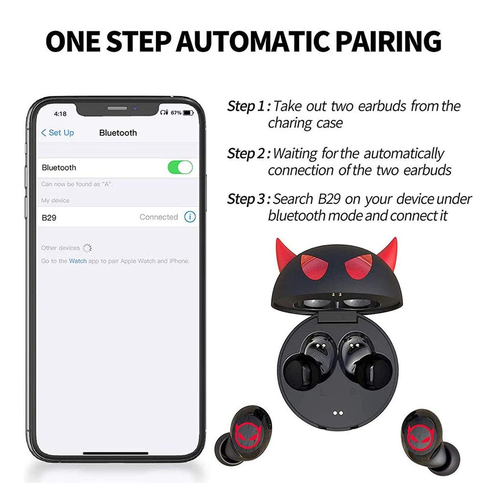 XZC Kids Wireless Earbuds Halloween Cute Little Devil Earphones for Kids Adult Bluetooth 5.0 Aptx Low Latency Earbuds Waterproof Headphones with Built-in Mic for iPhone/Android