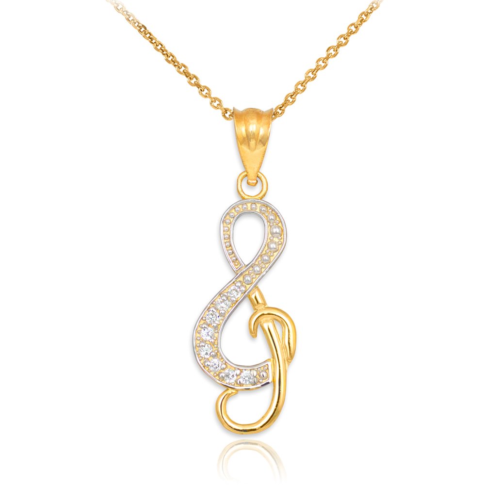 Sideways Crosses 10k Yellow Gold Diamond Treble Clef Charm Music Note Pendant Necklace, 18"