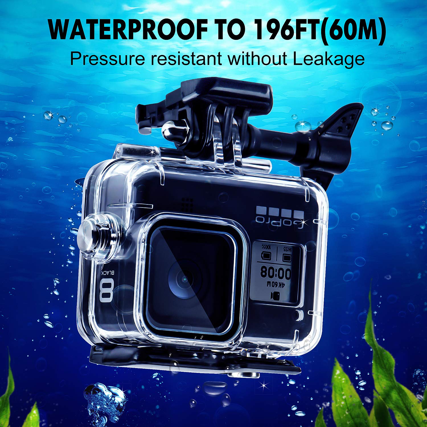 Waterproof Housing Case for Hero 8, 60M Diving Protective Housing Shell for Hero 8 Black Action Camera, Underwater Waterproof Protective Case with Quick Release Mount and Thumbscrew