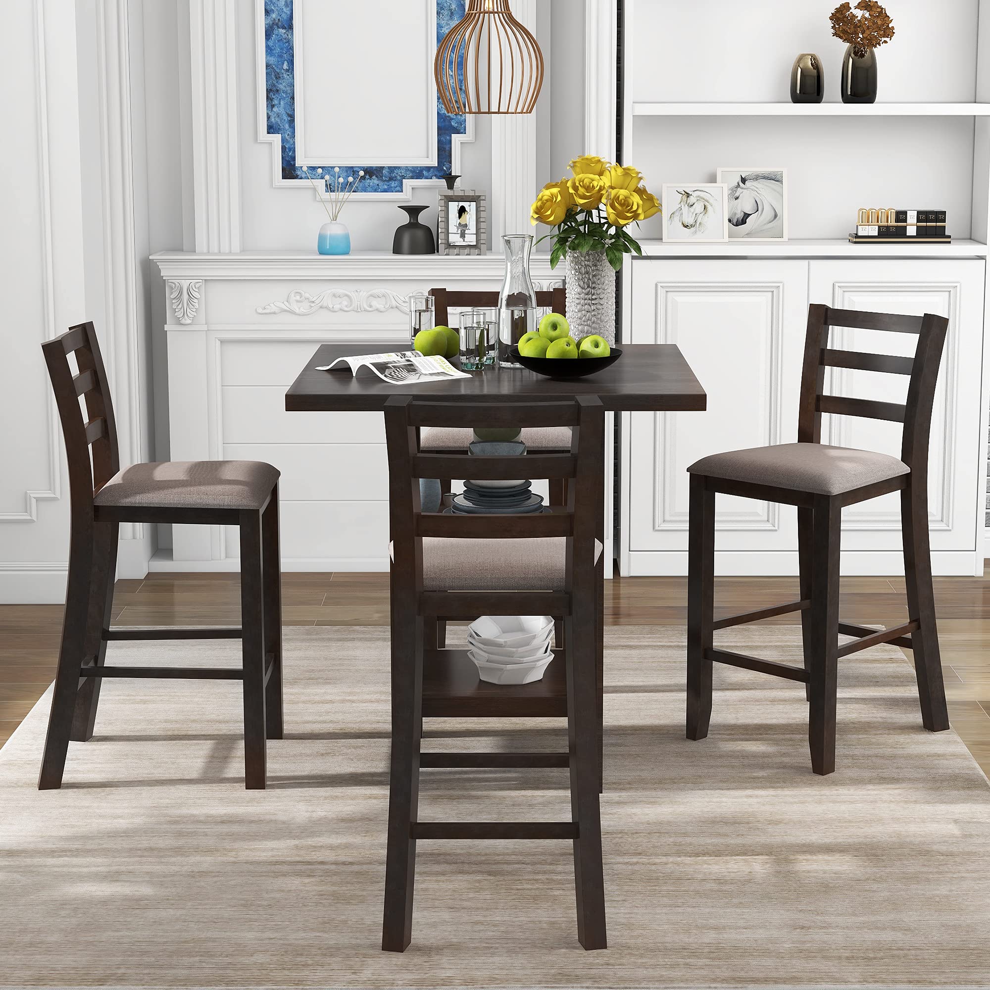 RUNWON 5 Piece Extendable Dining Set for 4,Retro Style Kitchen Furniture with Round Table and 4 Upholstered Chairs, Espresso