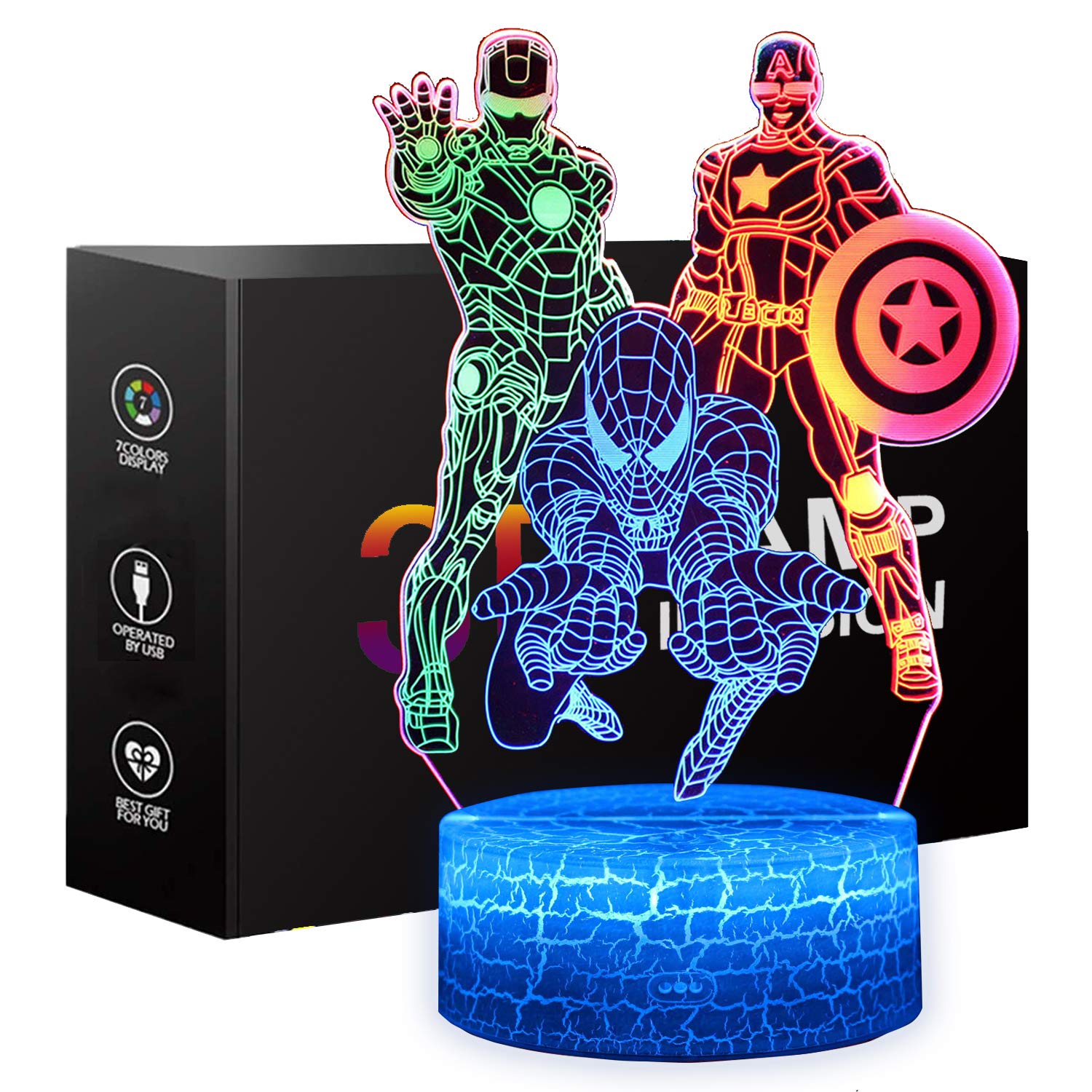 XXMANX Boys Toys Night Light for Kids, 3D Illusion Lamp Touch Control Dynamic Colors Changing with 3 Pattern Kids Toys Christmas Gifts for Men Boys