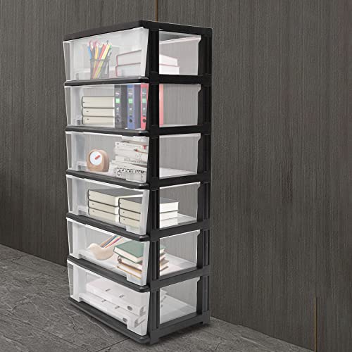 RustyVioum 6-Tier Books Storage Organizer, Rolling Storage Carts File Storage, Rolling Kitchen Cart Trolley w/Wheels for Closet Living Room Hallway Dormitory, Black+Clear/White+Clear (Black+Clear)