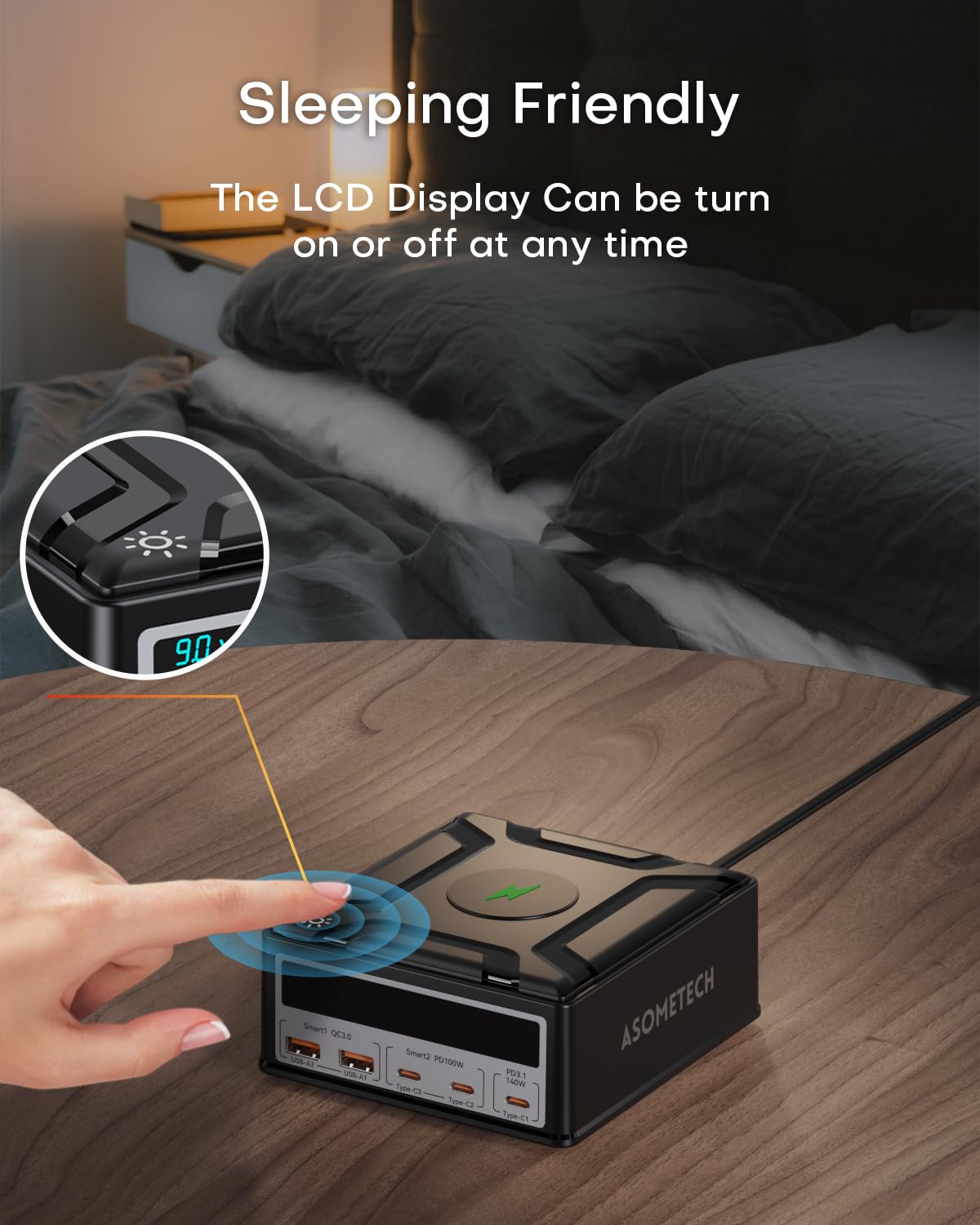 USB Charging Station,ASOMETECH 260W 5Ports Fast USB C Charging Station,140W PD3.1 USB C GaN Charger with LCD Display,Wireless Charger,Desktop USB Charging Hub for MacBook Pro/Air,iPad,iPhone,Samsung