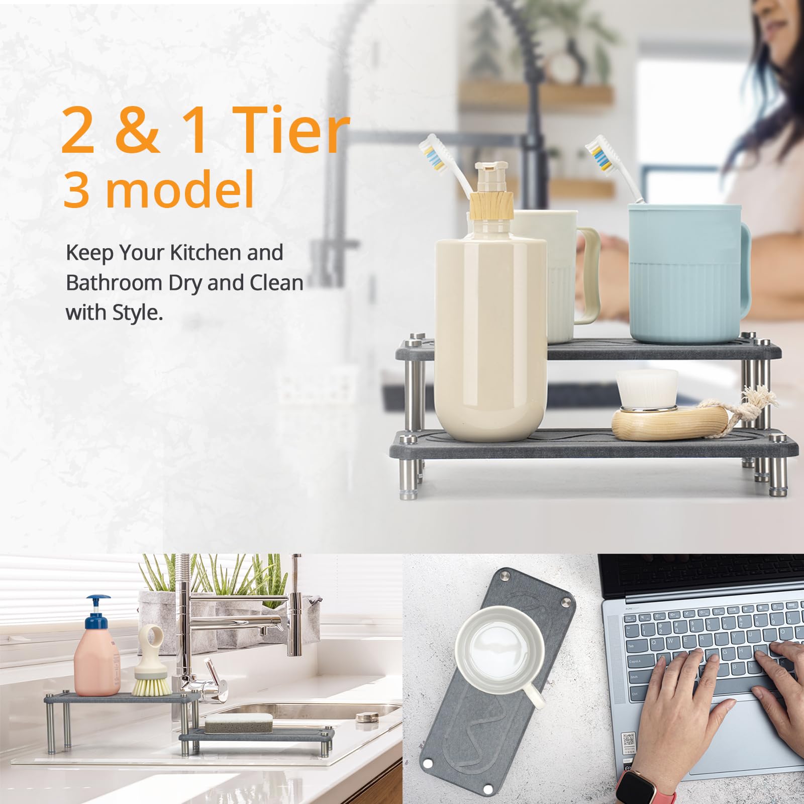 UHSSJUGA Bathroom Sink Drying Stone Caddy,Fast Drying Stone Sink Tray,Water Absorbing Stone Tray for Sink,Instant Dry Kitchen Sink Organizer,Counter Soap Sponge Holder (2 Tier,Grey)