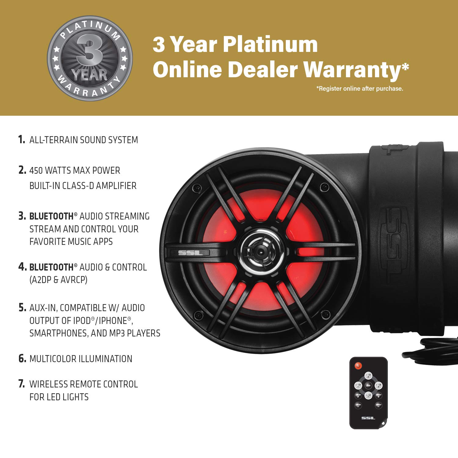 Sound Storm Laboratories BTB6L ATV UTV Sound System - 6.5 Inch Speakers, 1 Inch Tweeters, Full Range, IPX5 Weatherproof, Bluetooth, Built-in Amplifier, Multicolor Illumination, Golf Cart Compatible