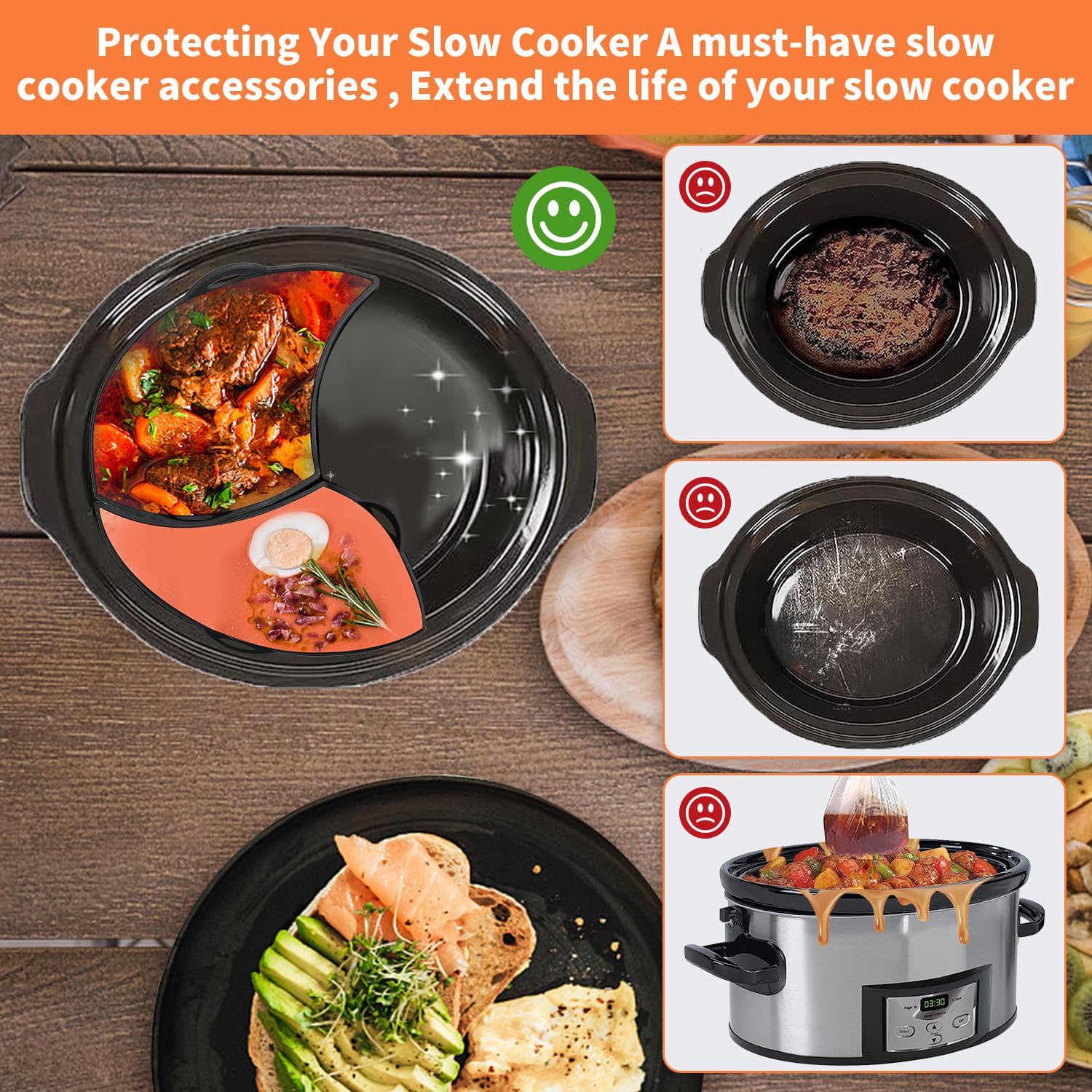 YSF Silicone Slow Cooker Liners, Reusable 3 Divider Inserts, Fits Crock-pot Oval 7 QT 3-in-1 Slow Cooking, Leakproof, Dishwasher Safe, Food-Grade BPA Free, 7 Quart Cook Three Dishes at Once (Black)