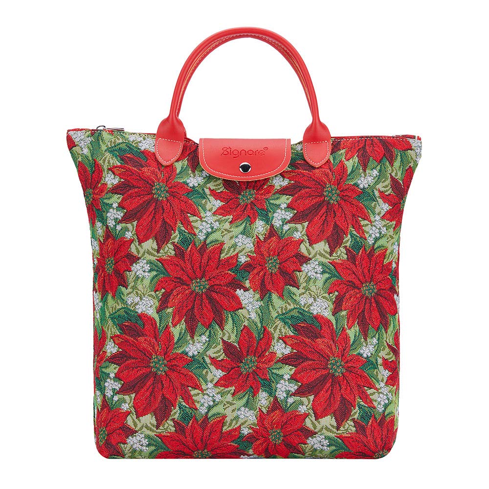Signare Tapestry Foldable Tote Bag Reusable Shopping Bag Grocery Bag With Xmas Poinsettia Design (FDAW-XMAS-POIN)