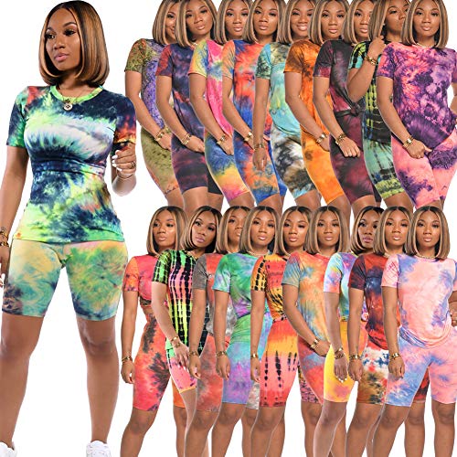 Two Piece Shorts Set for Womenn - Summer Tie Dye 2 Pc Outfits Tracksuits Biker Jogging Suits Sets Cyan&Grey Small